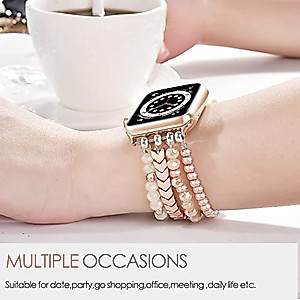 MOFREE Beaded Bracelet Compatible for Apple Watch Band 40mm/38mm/41mm Series 8/7/SE/6/5/4/3/2/1 Women Fashion Handmade Elastic Stretch Strap for iWatch Bands Replacement Rose Gold