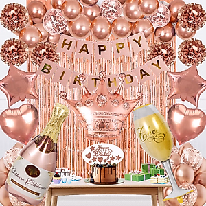 Rose Gold Birthday Party Supplies Happy Birthday Banner Tissue Flowers Confetti Balloons Foil Curtain for 18th 21st 30th 40th 50th Girls Women Birthday Party Decorations