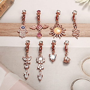 JOERICA 8 Pcs Fake Belly Rings for Women Stainless Steel Clip on Belly Button Rings Evil Eye Snake Butterfly Heart with Wing Opal CZ Fake Belly Button Piercing Navel Non Piercing Jewelry