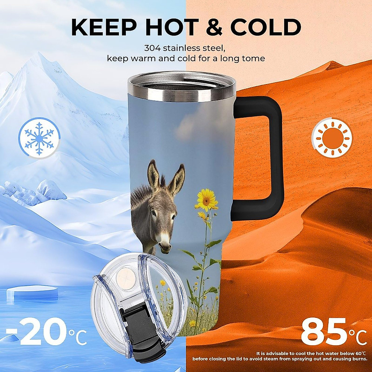 RTFGHJS 40 Oz Tumbler Donkey And Flower Insulated Tumbler Travel Coffee Mug with Straw Lid Stainless Steel Water Bottle Vacuum Insulated Tumbler for Sport Work Car Travel Weekends