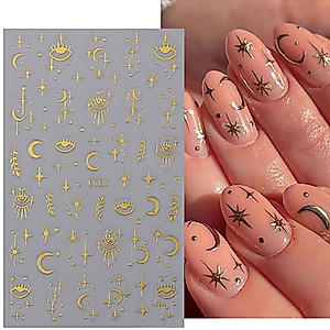 8 Sheets Gold Nail Sticker 3D Self-Adhesive Nail Decals Art Unique Moon Sun Stars White Cloud Snake Design Nail Art Sticker Decoration for Women Manicure Tips Acrylic Nails DIY Nails Art Supplies
