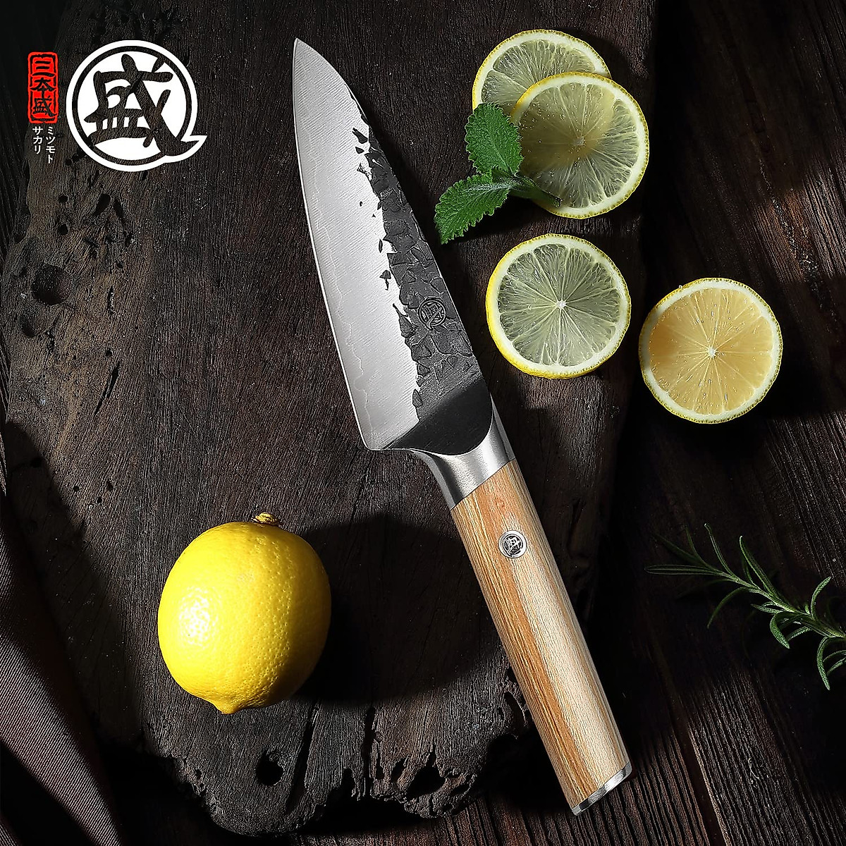 MITSUMOTO SAKARI 7 inch Japanese Santoku Chef Knife, High Carbon Steel Kitchen Cooking Knife, Professional Hand Forged Meat Cleaver Knife Kitchen Knife (Pakkawood Handle)