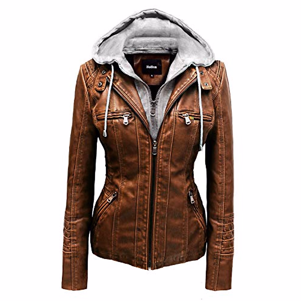 Hoffen Premium Vegan Leather Jacket for Women with Detachable Hood - Seitig Model (Caramel, XXL)