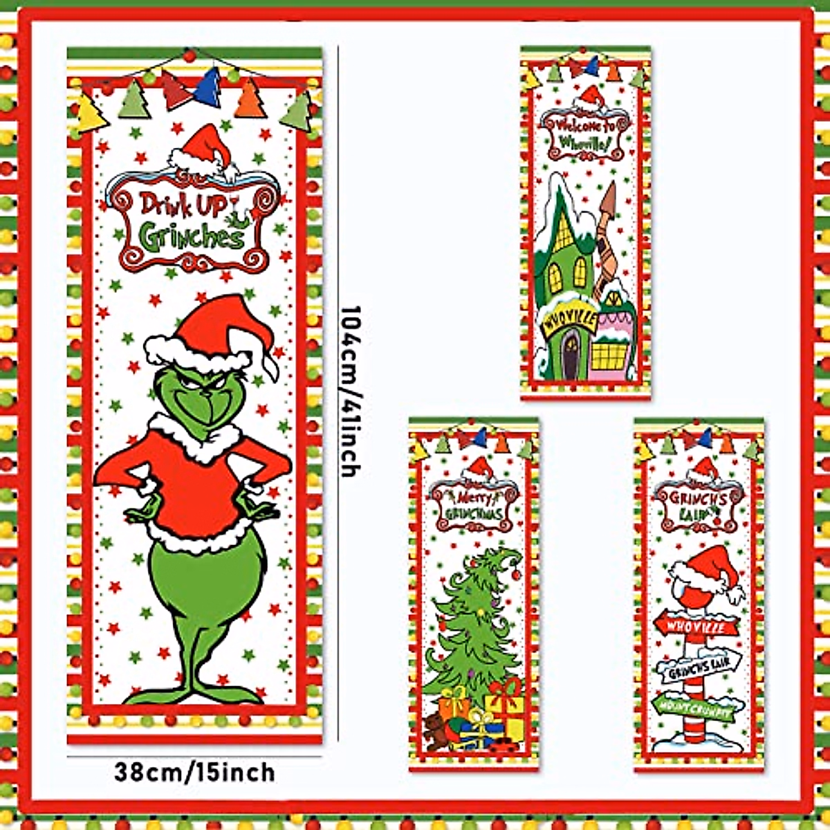 Grinch Christmas Decorations 4PCS Welcome To Whoville Vinyl Poster Door Covers Backdrop Merry Grinchmas Wall Art Hanging Banner for New Year Indoor Outside Garage Door