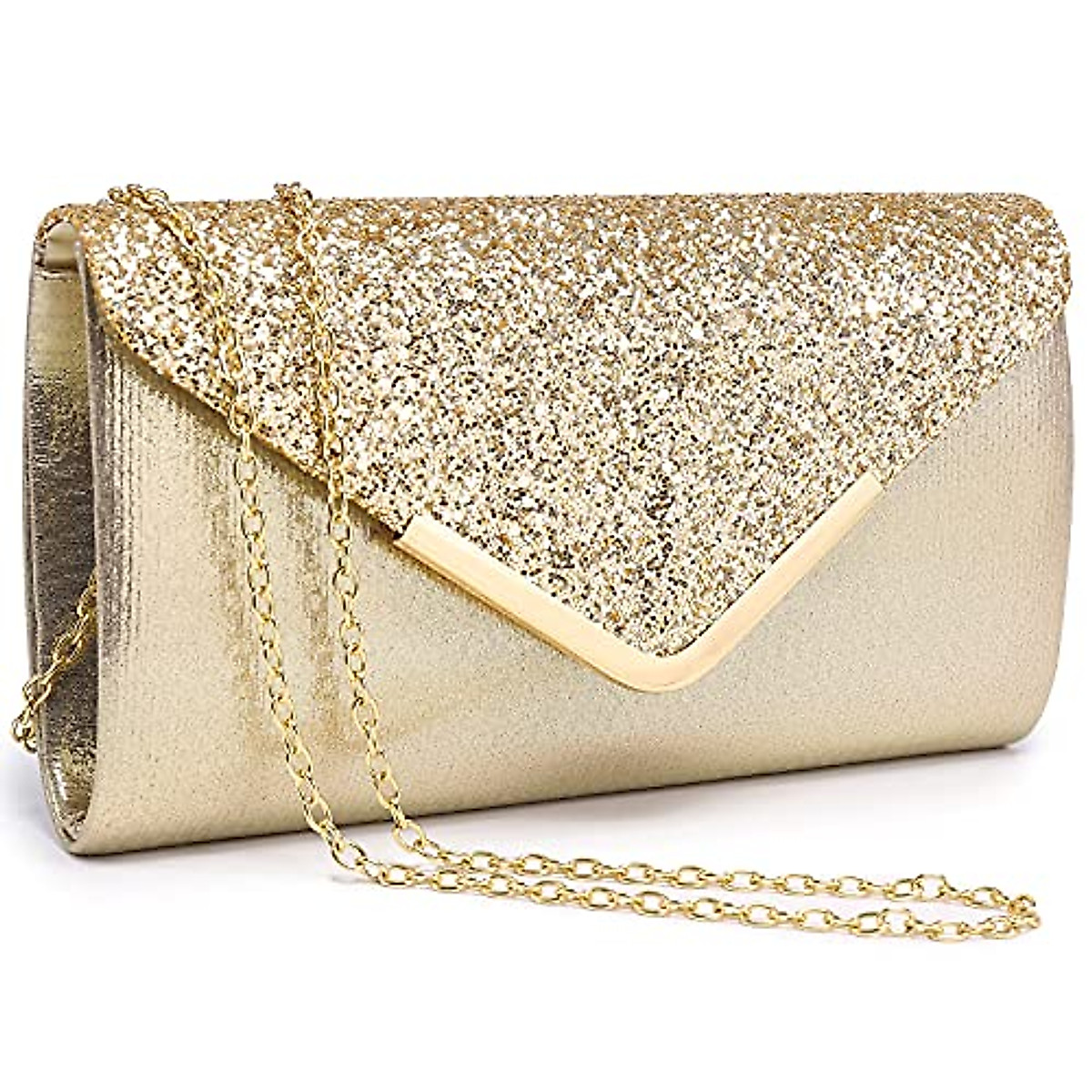 Dasein Women Evening Bags Formal Clutch Purses for Wedding Party Prom Handbags with Shoulder Strap and Glitter Flap (Gold)