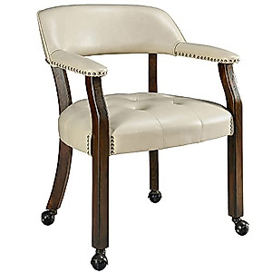 LEEMTORIG Dining Chairs with Casters and Arms, Faux Leather Accent Kitchen Table Chairs with Wheels, Roller Poker Table Chair, Wooden Captains Chair, Espresso Legs & Beige, XXY-1910-BG