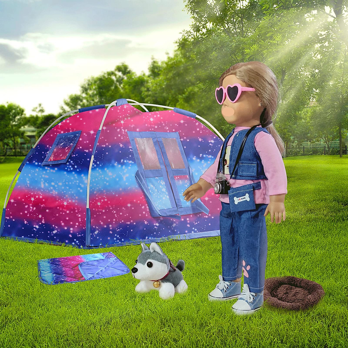 WONDOLL [Improved Version 18-inch-Doll-Clothes and Camping-Tent-Set Doll Accessories - Including Doll Tent Sleeping Bag, Clothes Shoes, Camera Eye Glasses, Toy Dog & Doghouse Doll Furniture