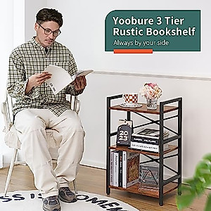 Yoobure Bookshelf Small Book Shelf, Solid Industrial 3 Tier Shelf Bookcase, Short Book Case for Bedroom, Living Room, Office Home, Small Spaces, Easy Assembly Berry Brown