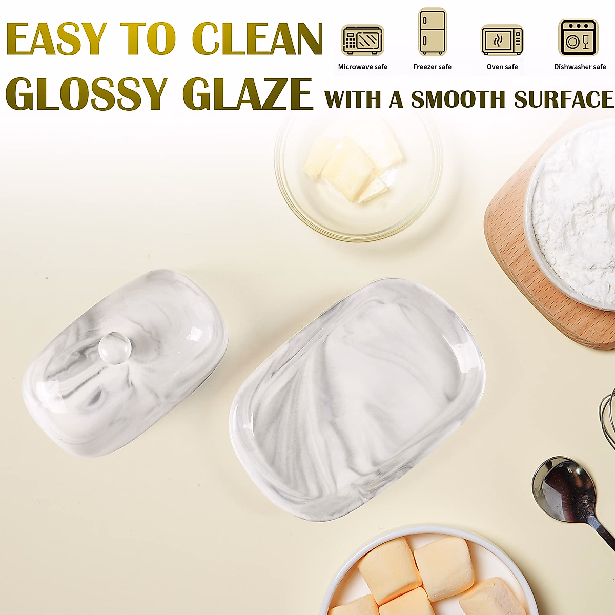 Yundu Grey Marble Butter Dish with Lid, Ceramics Butter Keeper Container, Perfect for East/West Butter