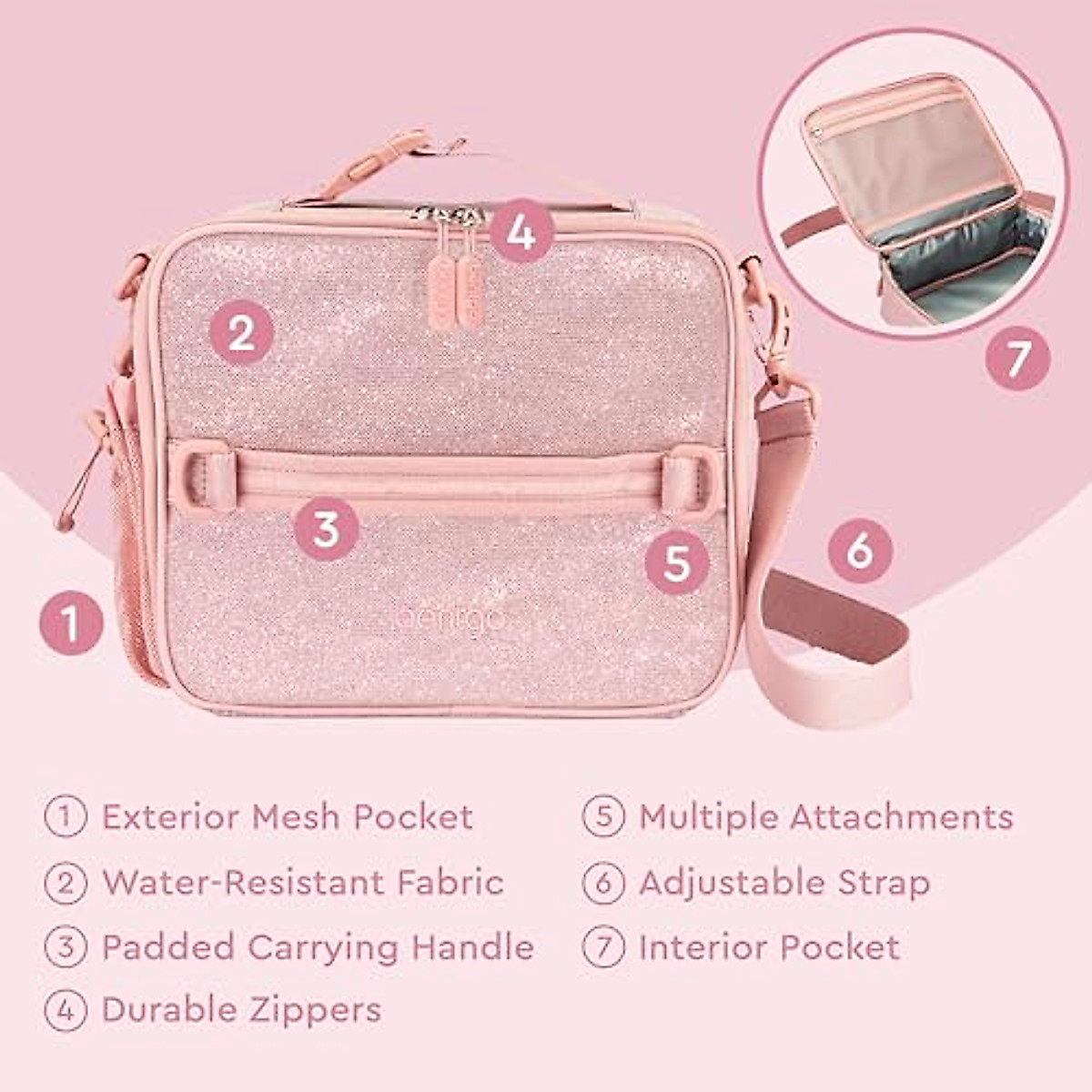 Bentgo® Kids Lunch Bag - Glitter Designed Insulated Lunch Bag for Kids 3+; Holds Lunch Box, Water Bottle & Snacks; Easy to Clean, Water Resistant, & Zip Pockets (Glitter Edition - Petal Pink)