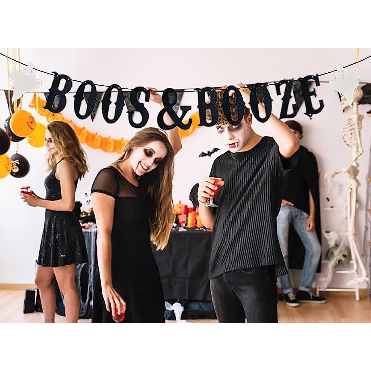 Black Halloween Boos & Booze Banner, Black Glittery Halloween Party Banner for Hocus Pocus Party Decorations, Halloween Bachelorette Party Decorations,Boos and Booze Decor