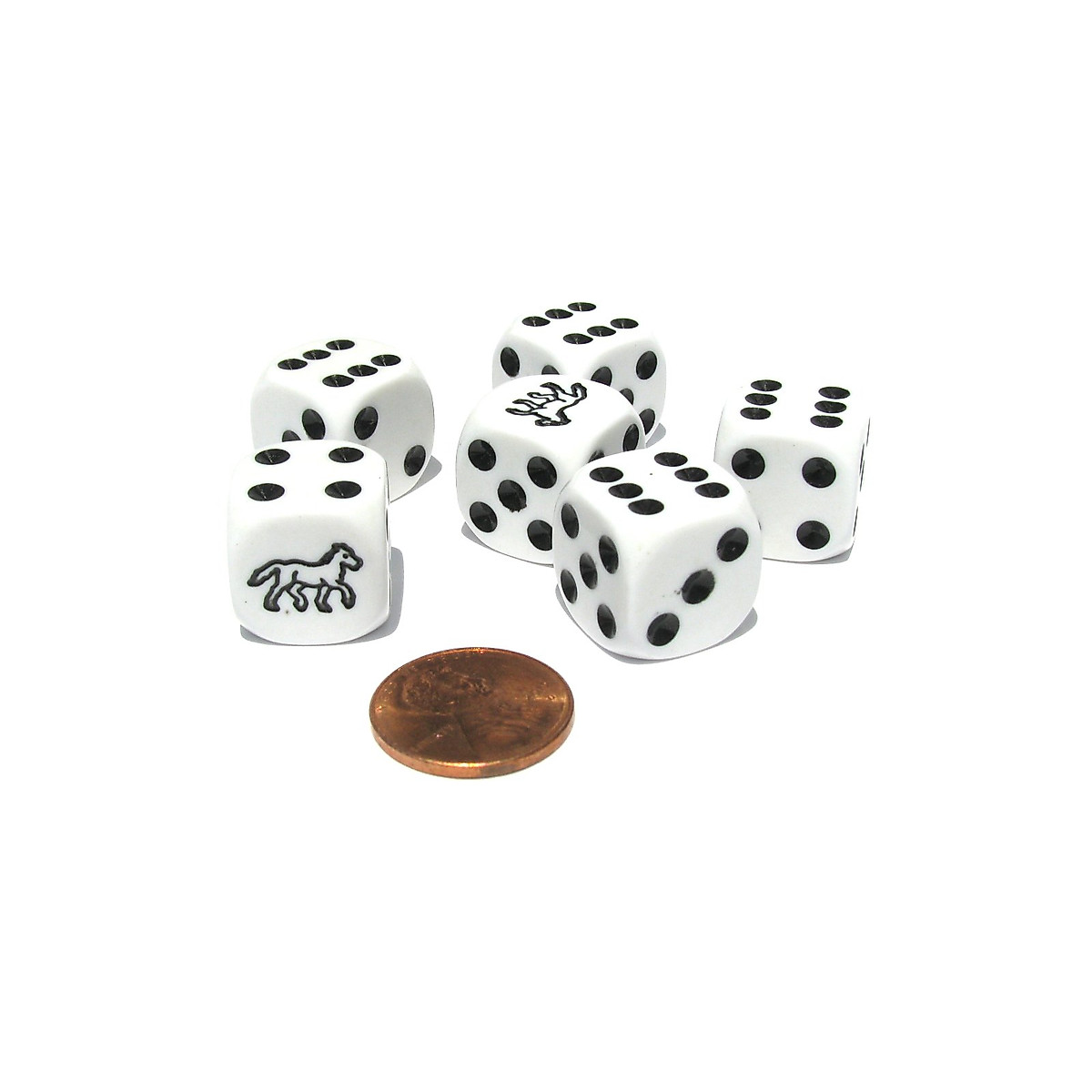 Set of 6 Horse 16mm D6 Round Edged Koplow Animal Dice - White with Black Pips