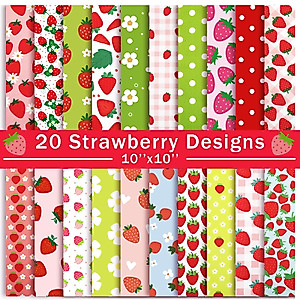 20 Pcs 10''x10'' Strawberry Fabric Strawberry Fabric Squares Quilting Cotton Fabric Bundle for DIY Sewing Fabric Precuts Quilt Squares Multi Color Printed Patchwork Supplies for Quilting Patchwork