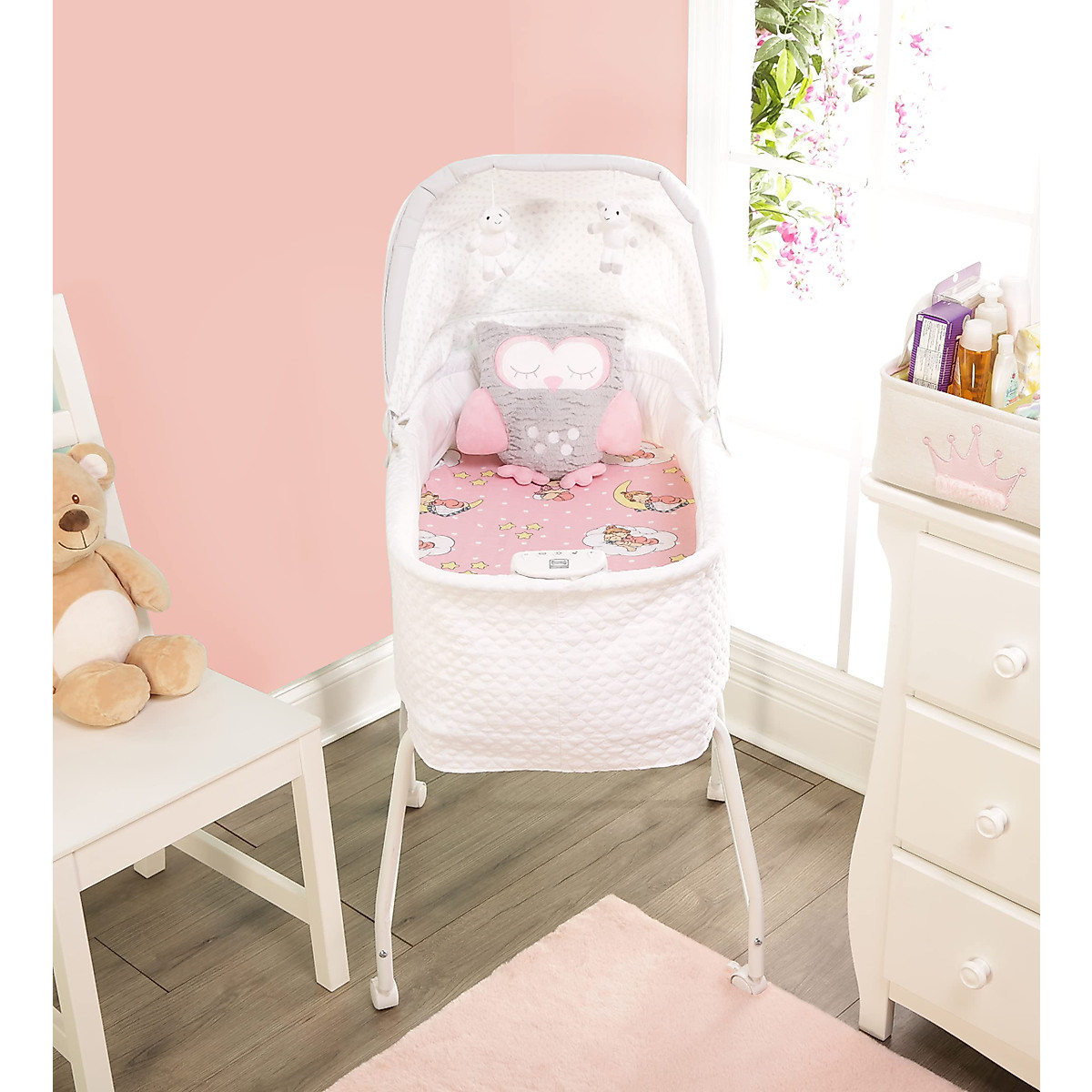 Bassinet Sheets 2-Pack 100% Cotton Jersey Knit, Precious Moments and Solid Pink Fitted Sheets for Baby Girl Bassinet, Compatible with Brands Bassinet Bedside Co-Sleeper Lounger Oval Rectangle Mattress