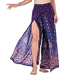 LOFBAZ Slit Leg Palazzo Yoga Pants for Women Girls Maternity Summer Beach Pajama High Waisted Boho Harem Pants Womens Clothing Peacock 1 Purple Gold L