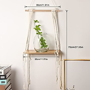 CIOUYAOS Boho Wall Shelf Decor, Macrame Wall Hanging Shelves, Minimalist Art Aesthetic Wooden Shelf for Farmhouse Bedroom Home Dining Living Room Window Bathroom Nursery Plants (Quadrangle)