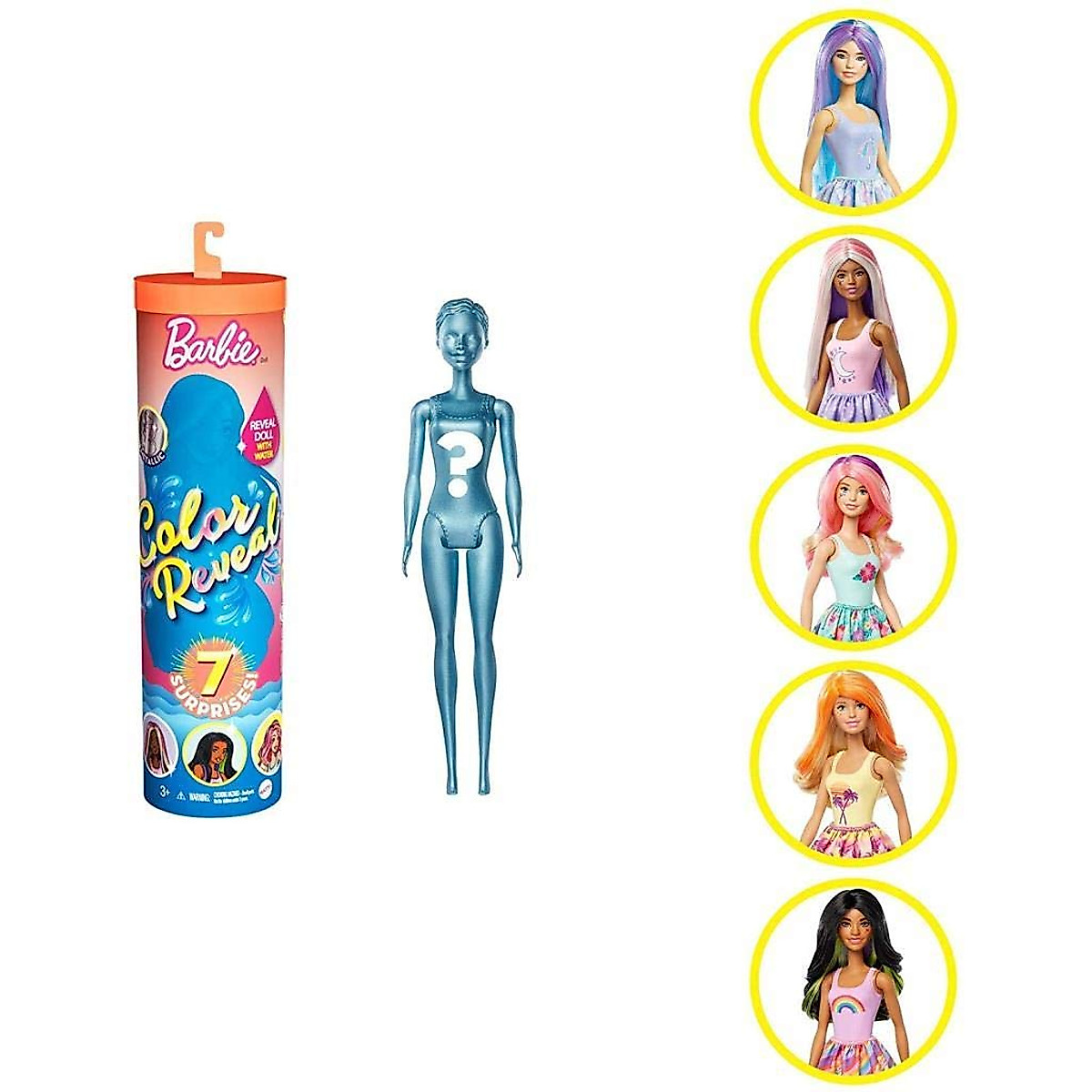 Barbie Color Reveal Doll with 7 Surprises: 4 Mystery Bags Contain Surprise Wig, Skirt, Shoes & Sponge; Water Reveals Metallic Blue Doll’s Look & Creates Color Change on Face & Wig