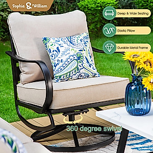 Sophia & William Patio Furniture Sets 5 Pcs Outdoor Metal Conversation Sets 5 Seats with 1 x 3-Seat Sofa, 2 x Cushioned Swivel Sofa Chairs, 2 x Ottomans for Coffee Lawn Backyard Poolside Beige