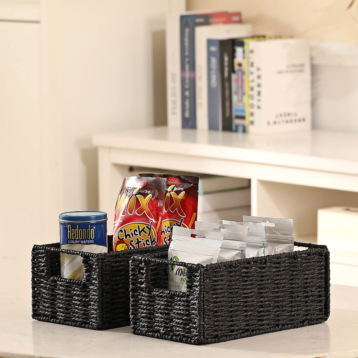 Vagusicc Wicker Baskets for Storage, Set of 4 Hand-Woven Storage Baskets for Shelves, Foldable Cube Storage Baskets Bins with Handles, Small Wicker Baskets for Organizing Pantry Bedroom, Black