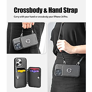 GOOSPERY Rich-Fit iPhone 14 Pro Crossbody Wallet Case for iPhone 14 Pro Case [Strap Included] with Card Holder Lanyard Magnetic Clasp [Kickstand Ring] Heavy Duty Protection, Black