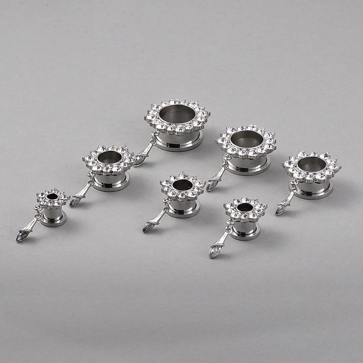 KUBOOZ Gemmed Flower Drop Eyelets Gold Plated Stainless Steel Flare Screw Back Ear Tunnels Plugs Gauges. (Silver, 0g(8mm))