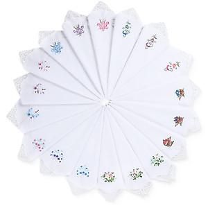 36 Pieces Women Floral Handkerchiefs Embroidered Flower Handkerchief with Lace Cotton Hankies Bulk Ladies Hankies for Women