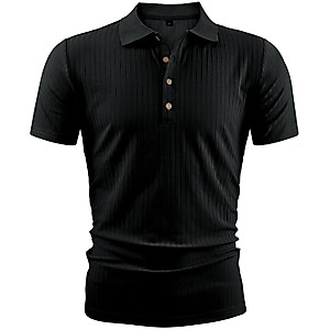 LOGEEYAR Mens Muscle Polo Shirts Short Sleeve Slim Fit Shirts Casual Ribbed Stylish Tees Black