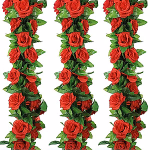 Vopie 4 Pack Fake Rose Vine Flowers Plants 32.2 FT Artificial Flower Hanging Rose Ivy Home Hotel Office Wedding Party Garden Craft Art Decor (Red)
