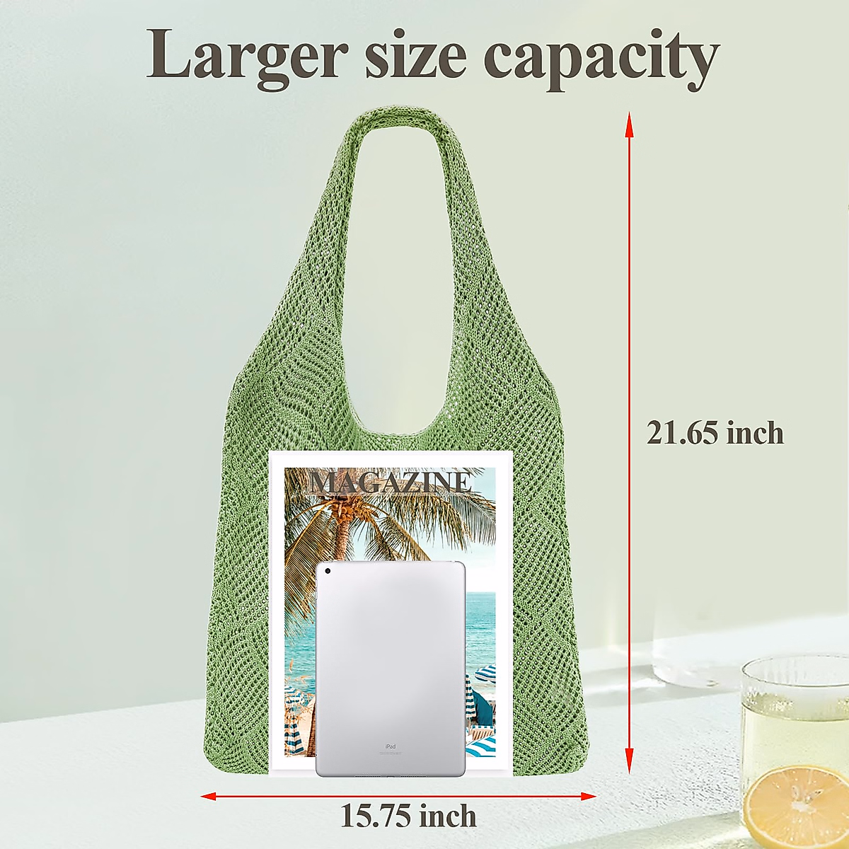 SUOSDEY Crochet Mesh Beach Tote Bag, Cute Summer Aesthetic Knit Bag for Women,green