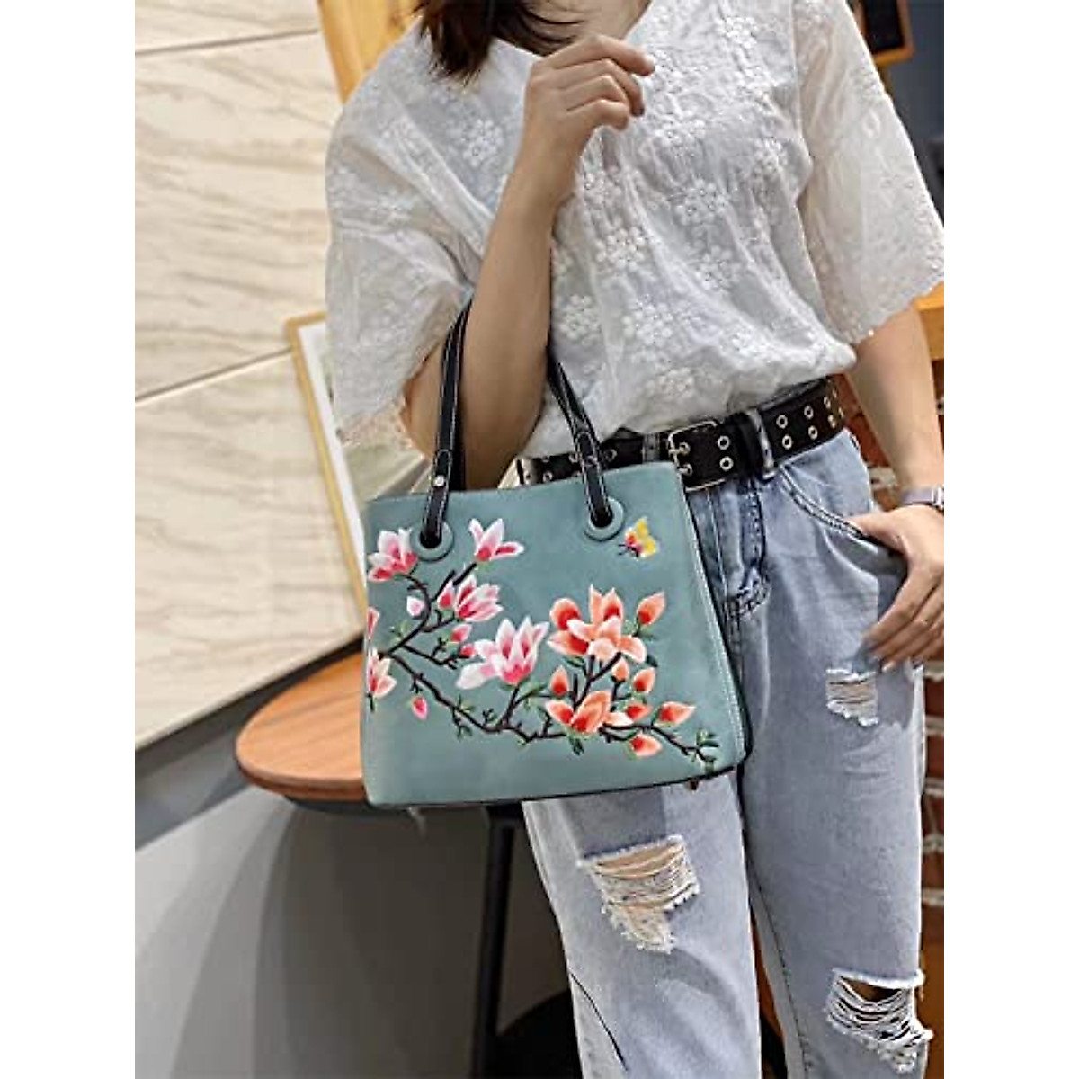 ZLXDP Chinese Style Embroidered Handbag Retro Floral Shoulder Bag Large Capacity Women's Casual Tote Bag (Color : C, Size