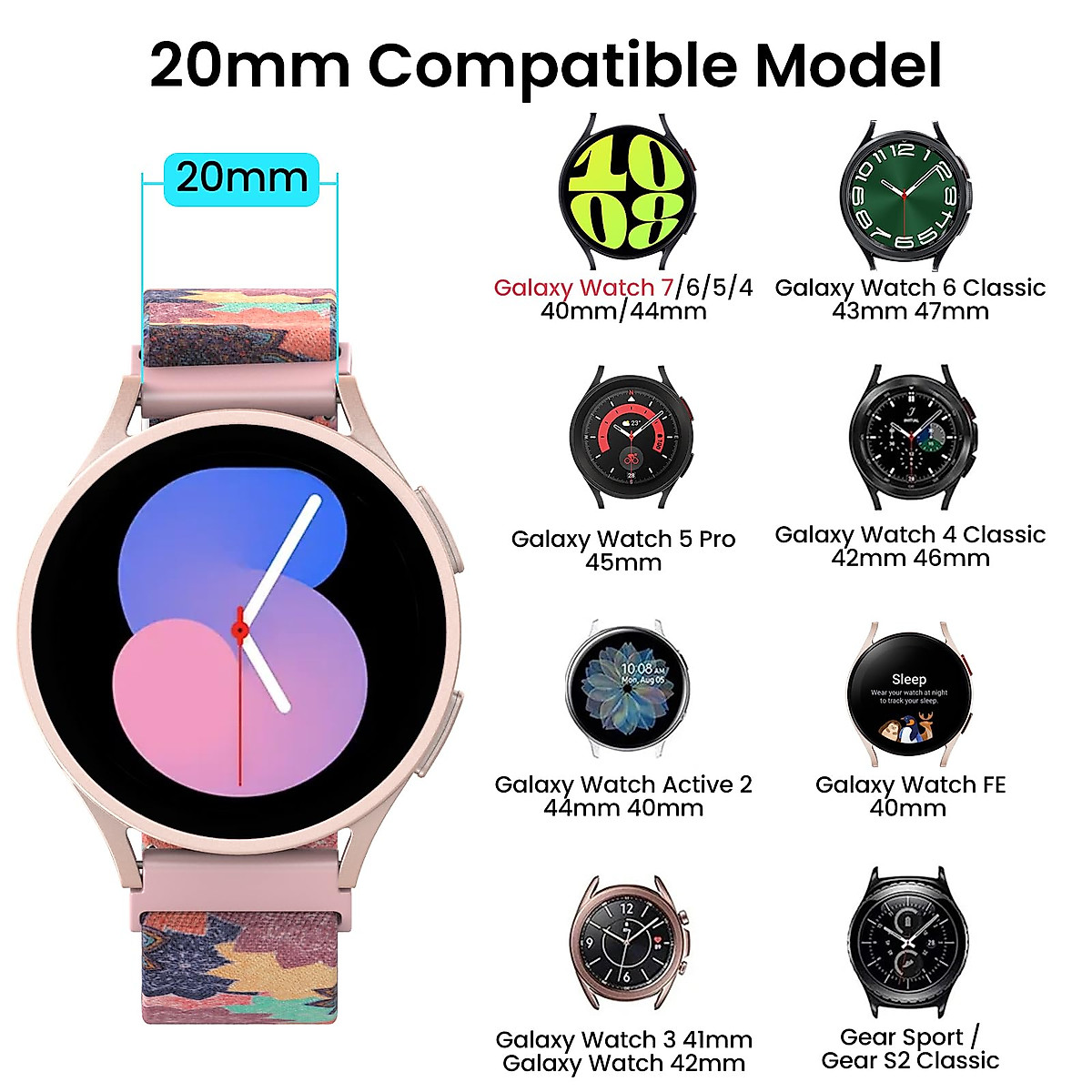 Delidigi Stretchy Bands Compatible with Samsung Galaxy Watch 7/6/5/4 40mm 44mm, Watch 6 Classic 43mm 47mm, Watch 5 Pro 45mm, Watch 4 Classic 42mm 46mm, Watch FE 40mm, Watch Active 2, 20mm Nylon Straps