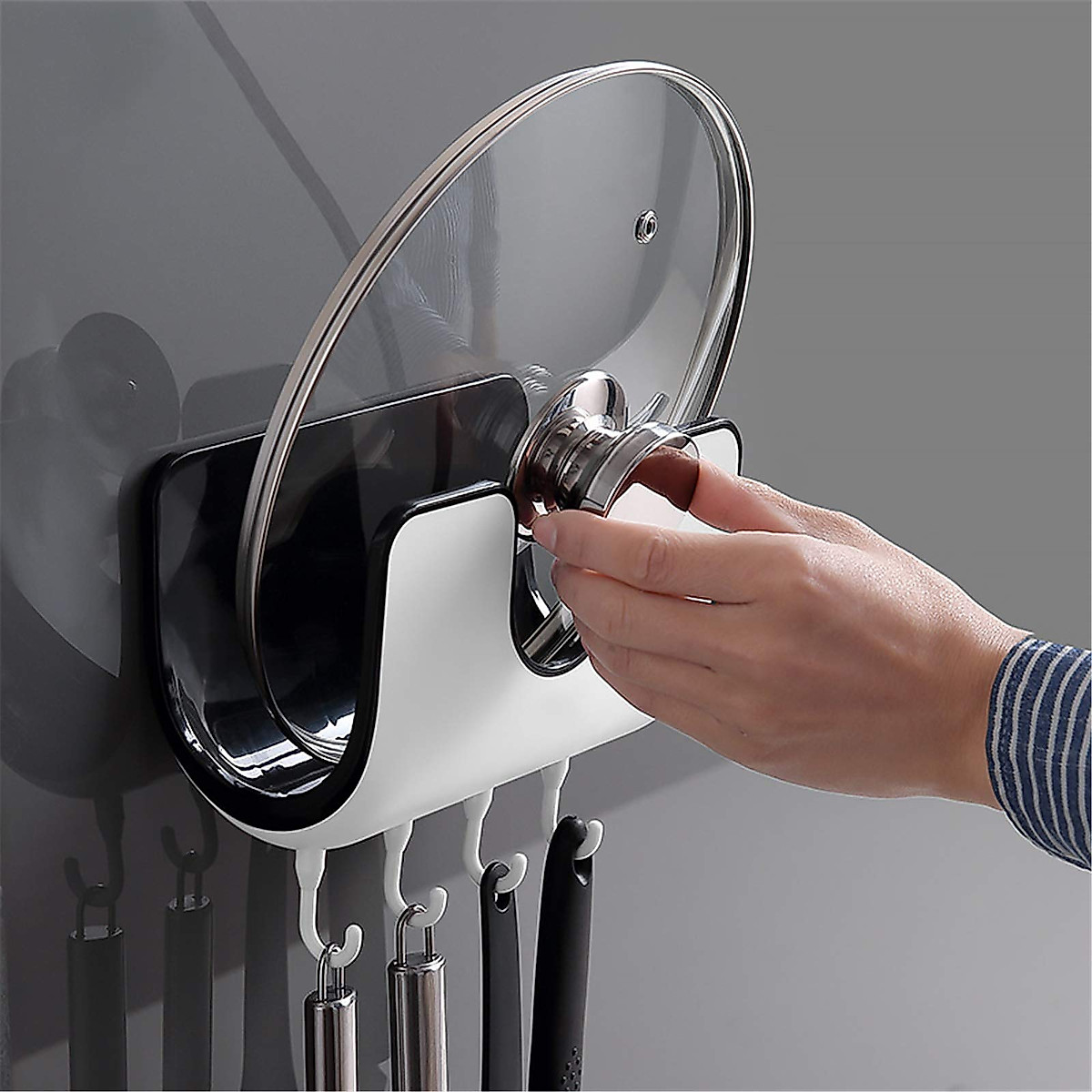 Guanniao Wall Mounted Pot Lid Rack With Four Hooks Self Adhesive Pot Lid Holder Abs Material Pot Lid Organizer