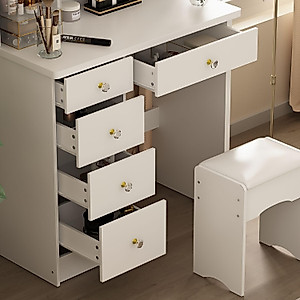 MOUMON Vanity Desk Vanity Mirror Makeup Desk with Lights, Vanity Desk with Mirror and Lights, Makeup Vanity with Drawers and Shelves, Crystal Handles, Cushion Stool, White