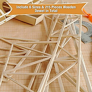 215 Pieces Balsa Wood Sticks Wooden Dowel Rods 1/8, 3/16, 1/4, 5/16, 3/8, 1/2 Inch Round Hardwood Unfinished Wooden Strips for DIY Molding Crafts Projects Making (Square)