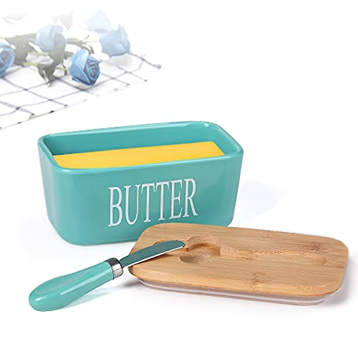 Ceramic Butter Dish with Wooden Lid, Lxmons Large Butter Container Keeper Storage with Stainless Steel Butter Knife Spreader, Bamboo Cover and Silicone Sealing Ring for West East Coast Butter, Green