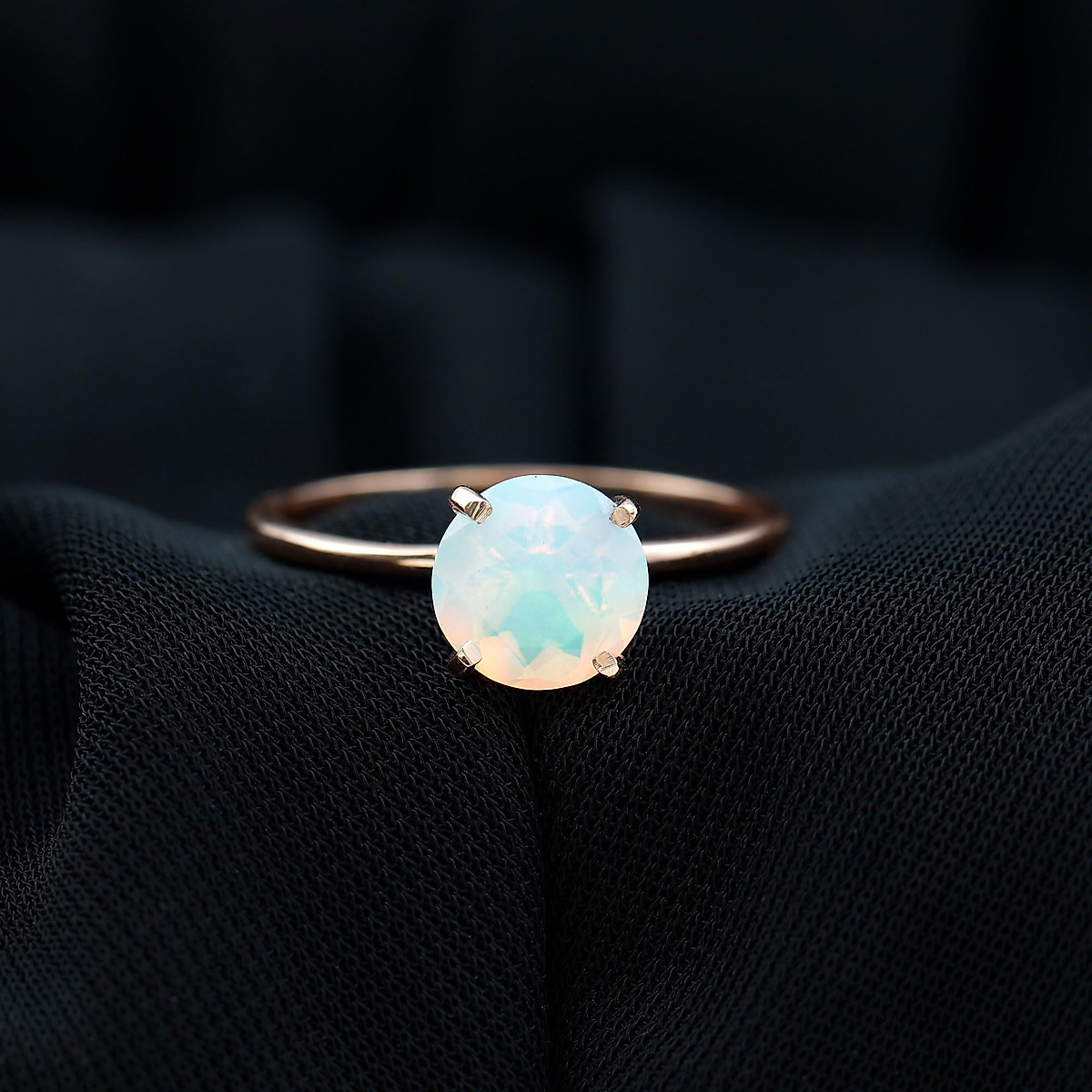 Natural Ethiopian Opal Engagement Ring, AAA Quality, Rainbow Opal 8mm Round Shape Engagement Ring - With Jewelry Box, 14K Rose Gold, Size:US 8.50
