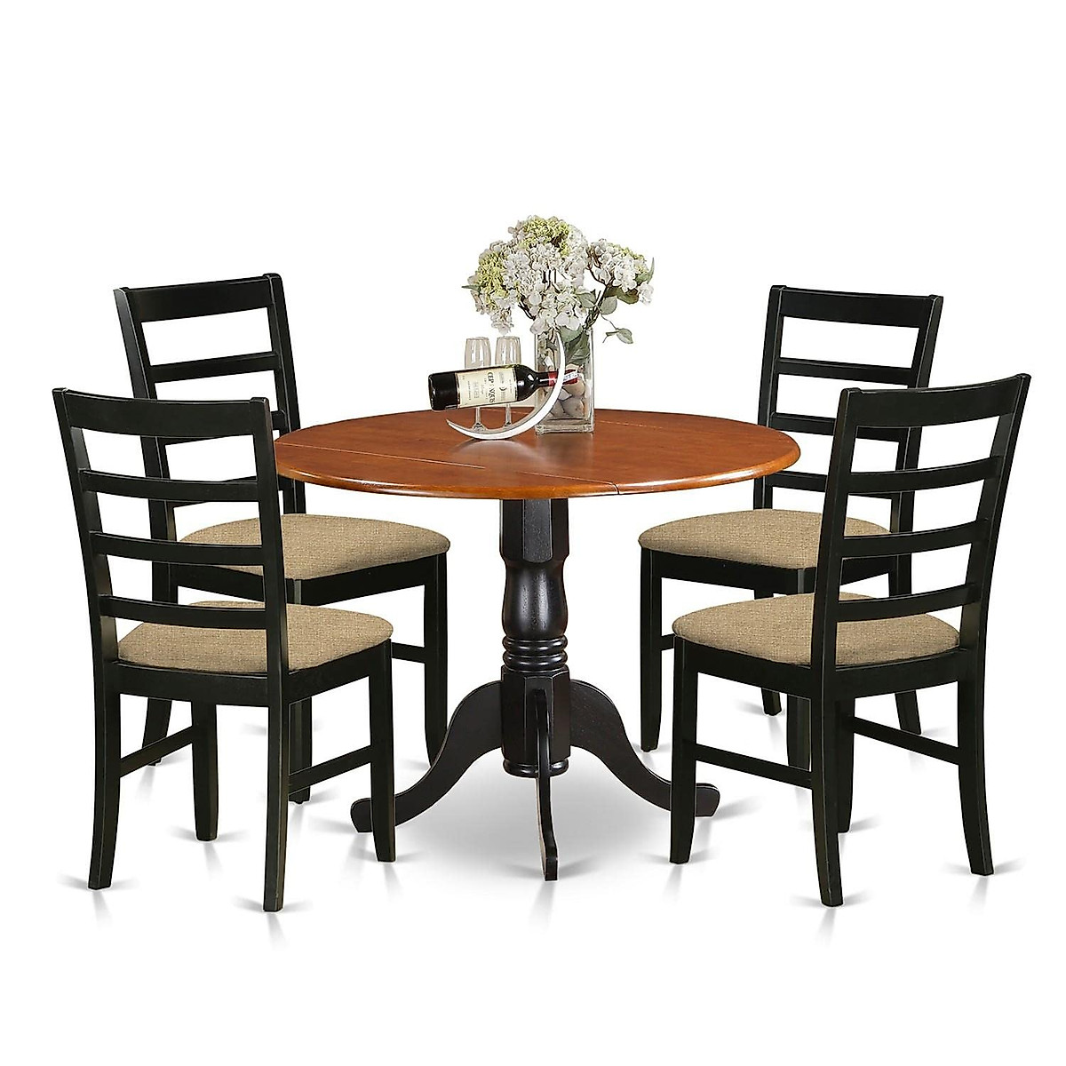 East West Furniture DLPF5-BCH-C 5 Piece Kitchen Table & Chairs Set Includes a Round Dining Room Table with Dropleaf and 4 Linen Fabric Upholstered Chairs, 42x42 Inch, Black & Cherry