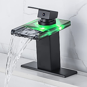 Y-Garhe LED Bathroom Sink Faucet - Matte Black Single Hole or 4 Inch Centerset Waterfall Faucet with Glass Spout and Temperature-Sensitive LED Lights, Includes Deck Plate