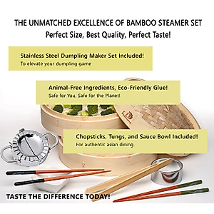 Bamboo Steamer for Cooking 10” -by DoSensePro Includes 2 Tiers, Stainless Steel Dumpling Maker, Liners, Ceramic Dish, and Bamboo Tongs. Dumpling Steamer Basket Cooker for Healthy Low-Fat Diet