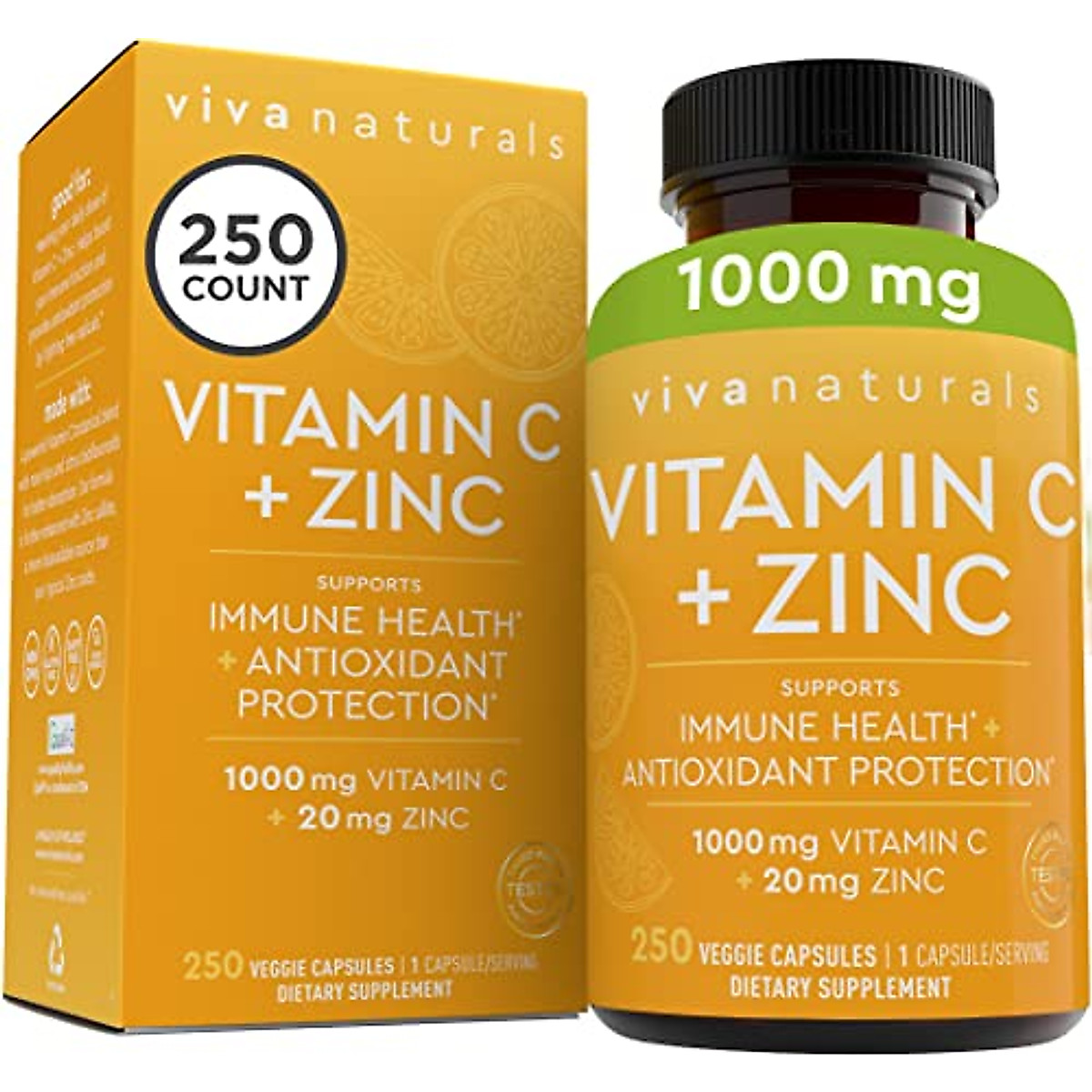 Vitamin C with Zinc (250 Veggie Capsules) - Vitamin C 1000mg and Zinc 20mg with Citrus Bioflavonoids and Rose Hips, Immune Support Supplement and Powerful Antioxidant