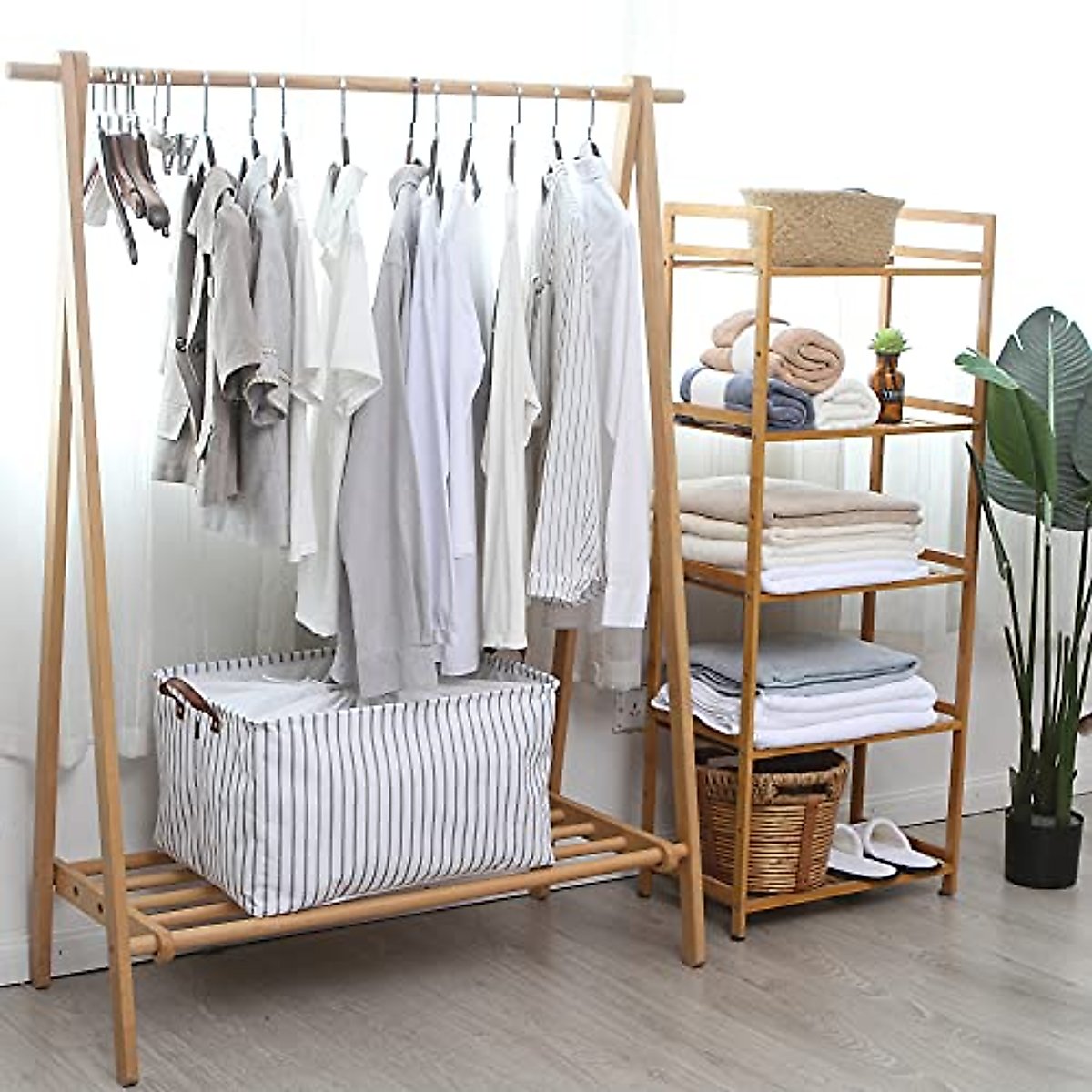 Hinwo 70L Extra Large Capacity Storage Basket Canvas Storage Bin Collapsible Storage Box with PU Leather Handles and Drawstring Closure, 22 by 15 inches, Waterproof Inner Layer, Grey Vertical Stripe