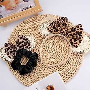 1 Pcs Mouse Ears Headband and 1 Pcs Mouse Ears Scrunchies with Bow Hairs Accessories for Girls Women Boys Birthday Party (Leopard)