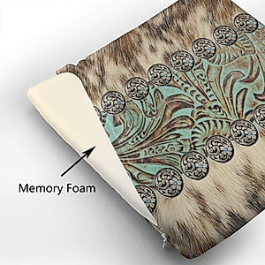 Square Chair Seat Cushion Rustic Brown Teal Western Country Tooled Leather for Kitchen Dining Chairs, Memory Foam Butt Pad with Washable Cover, Non Slip Unique Sofa Dining Chair Stool Cushions Pad