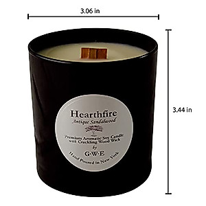 Hearthfire - Sandalwood Scented Soy Candle Infused w/Natural Oils w/ Wood Wick- Dark Sweet Creamy Aromatherapy - Hand Poured in The USA in Glossy Black Jar w/ Lid