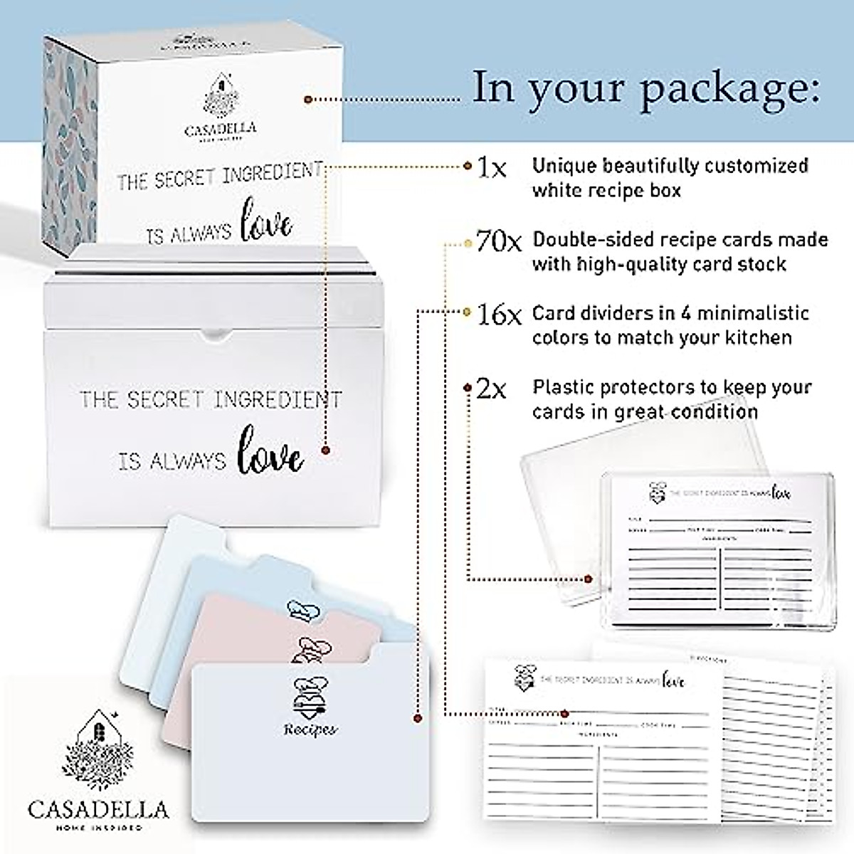 CASADELLA Wooden Recipe Box, Index Card Holder Box w/70 4x6 Recipe Cards and 16 Dividers, White Minimalist Card Box, Index Card Box to Preserve Family Recipes, Recipe Box with Cards and Dividers
