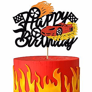 Bdayshop Fire Car Cake Topper Race Cars Cake Decorations Glitter Red Hot Car Cake Toppers for Boys Girls Racing Car Theme Birthday Party Supplies for Kids Baby Shower
