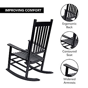 Shine Company Vermont Porch Rocker, High Back Wood Rocking Chair, Black