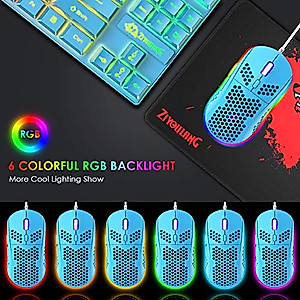 Gaming Keyboard and Mouse Combo,88 Keys Compact Rainbow Backlit Mechanical Feel Keyboard,RGB Backlit 6400 DPI Lightweight Gaming Mouse with Honeycomb Shell for Windows PC Gamers (Blue)