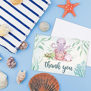 AnyDesign 36 Pack Sea Animal Thank You Cards Bulk Watercolor Cute Ocean Creatures Note Cards with Envelopes Stickers Funny Cartoon Blank Greeting Cards for Birthday Baby Shower, 4 x 6 Inch