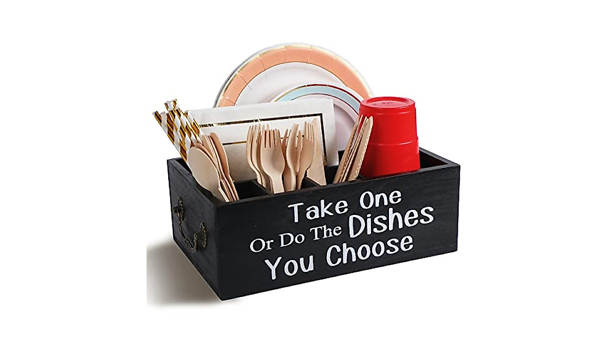 Small Paper Plate Holder & Utensil Caddy Organizer for Kitchen & Parties